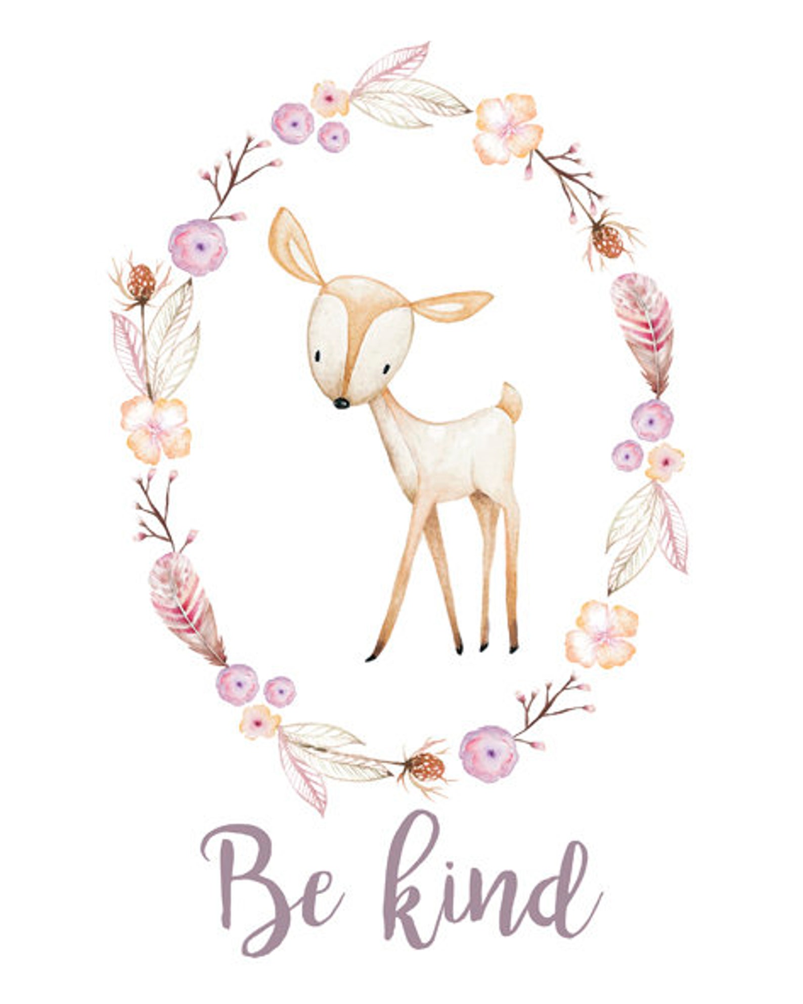 Baby Girl Nursery Decor, Boho Woodland Watercolor Deer Animal & Wreath ...
