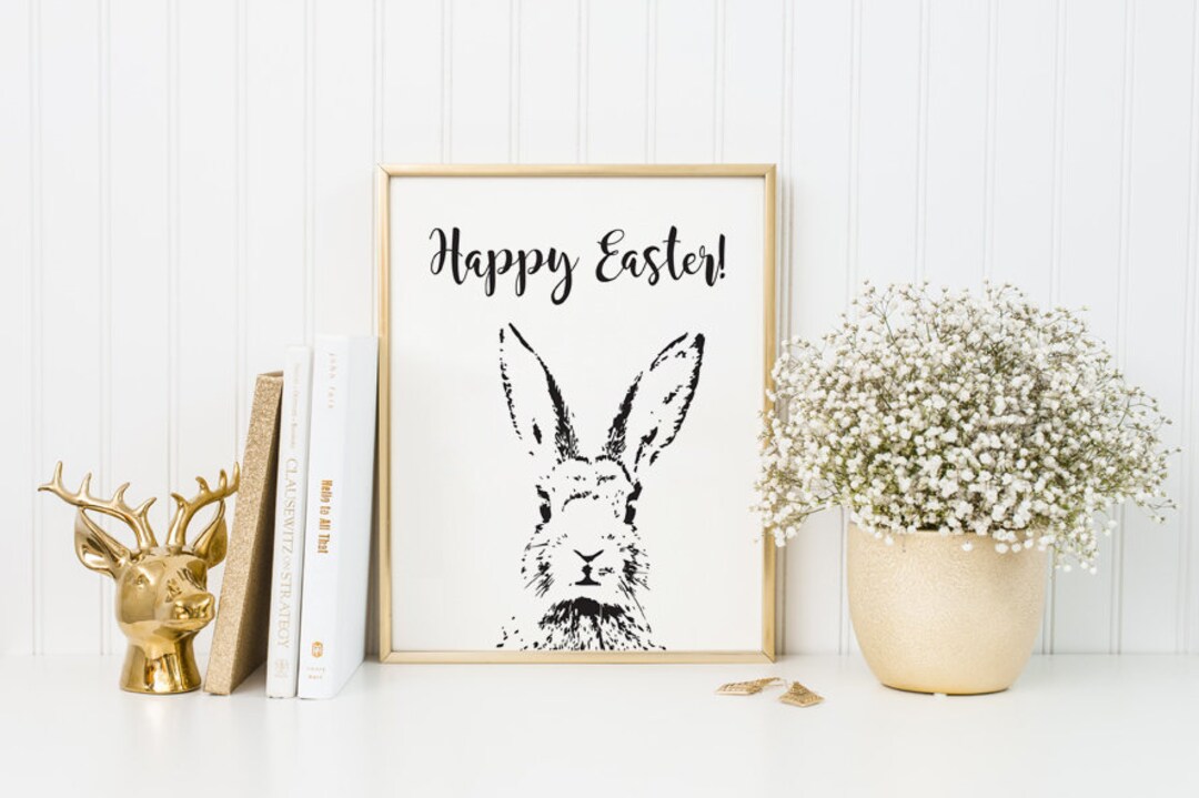 Happy Easter Wall Art Print, Easter Home Decor Calligraphy Poster Bunny ...