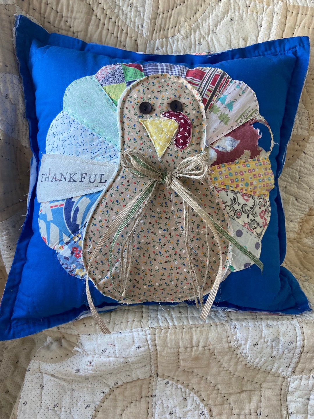 Blue Vintage Dresden Plate “thankful” Turkey Pillow - Etsy