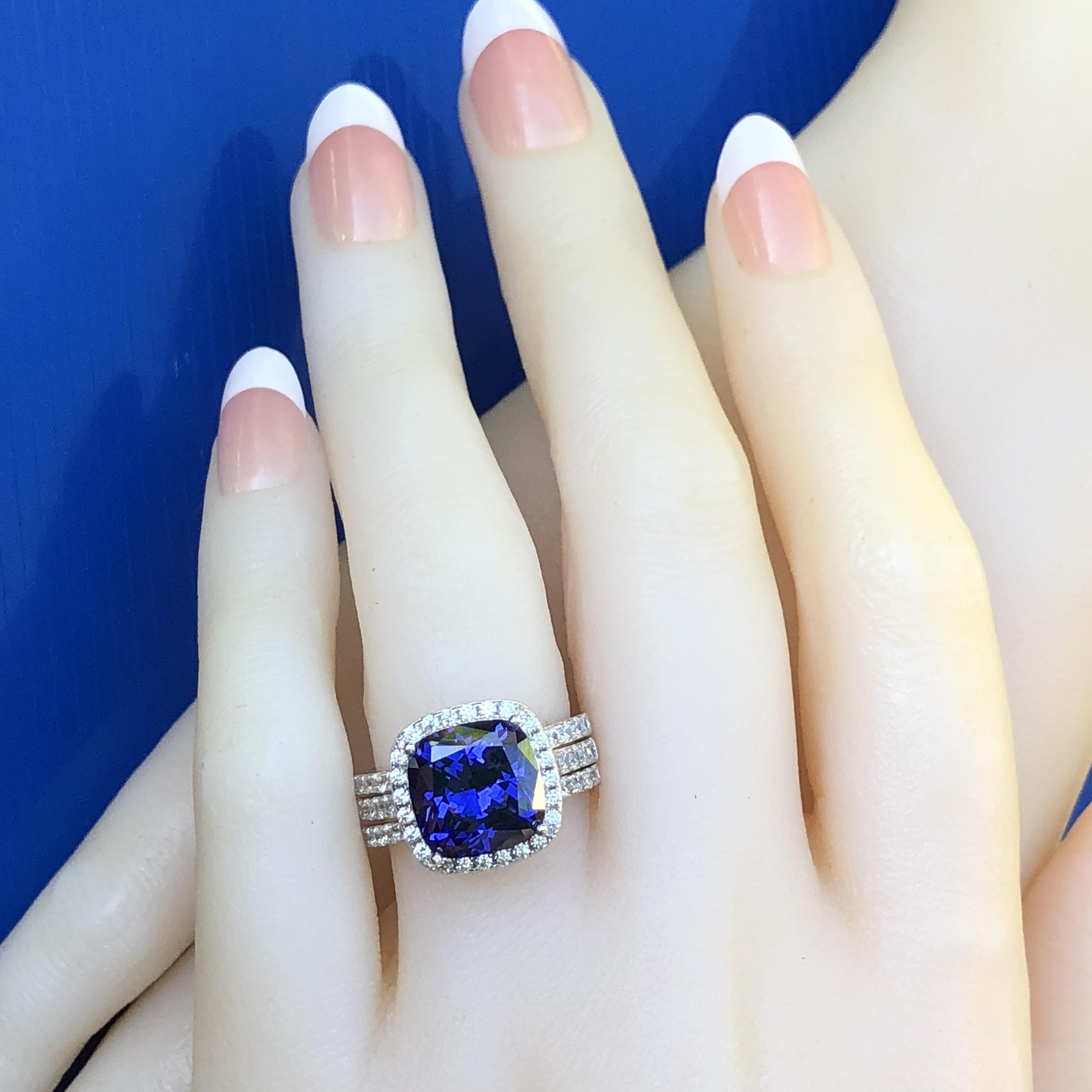 Tanzanite Ring Set: 3pcs, Bridal Set, Cushion, Lab Created Tanzanite ...