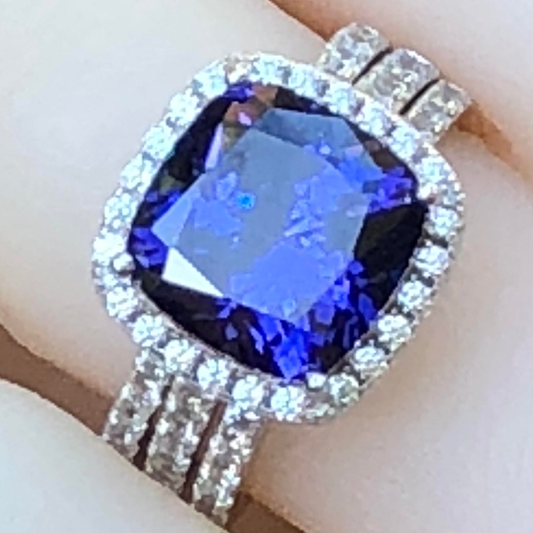 Tanzanite Ring Set: 3pcs, Bridal Set, Cushion, Lab Created Tanzanite ...