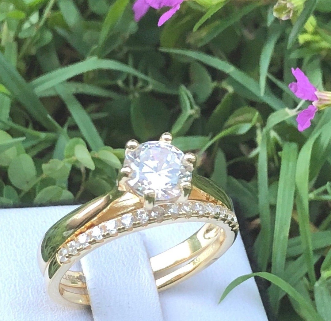 Engagement Ring: YG Gold Plated Ring, Bridal Set, Simulated Diamond ...