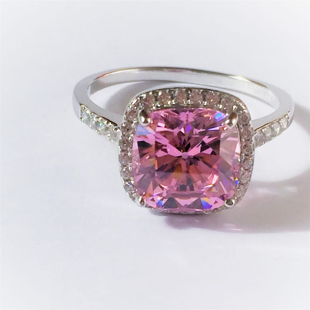 Pink Diamond Ring, 5ct Cushion Cut Simulated Pink Diamond Engagement ...