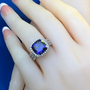 Tanzanite Ring Set: 3pcs, Bridal Set, Cushion, Lab Created Tanzanite ...