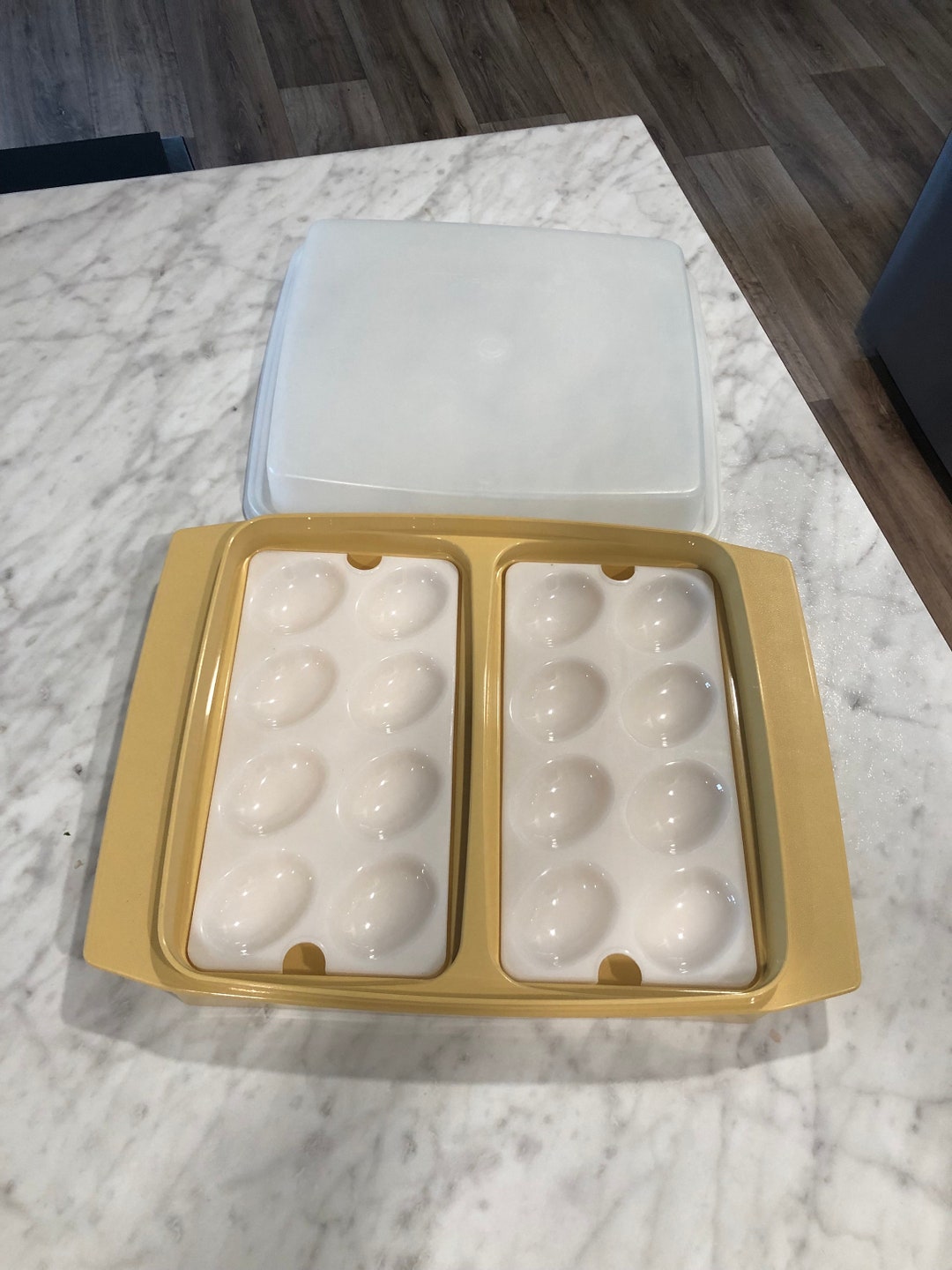 Vintage Tupperware Gold Mustard Devilled Egg Tray With Two White Removable Inserts Kitchen ...