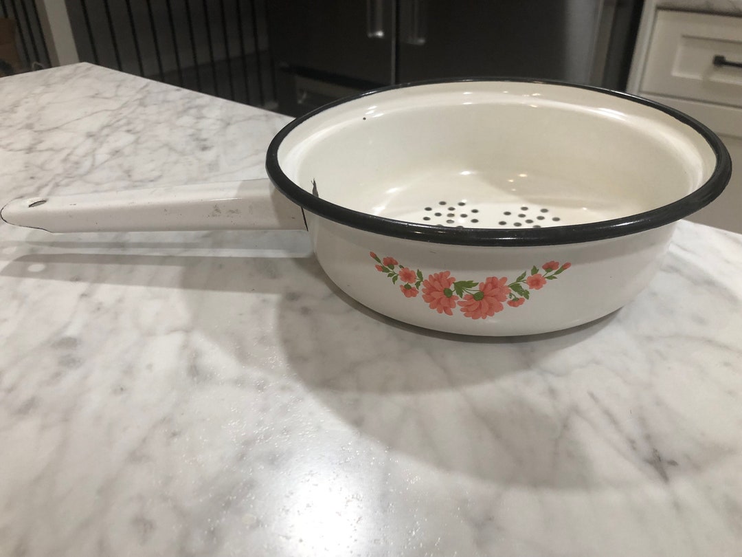 Vintage Enamelware Cooking Pot Strainer Colander White Enamel French ...