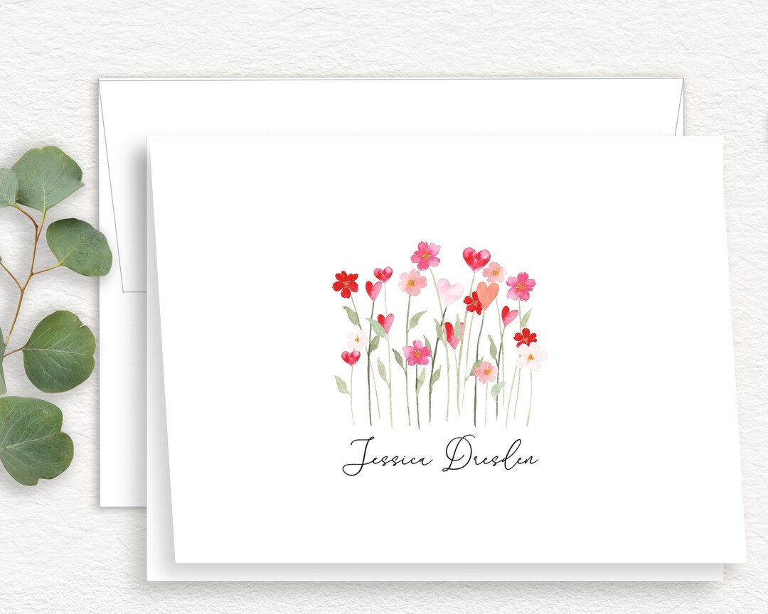 Whimsical Floral Stationery With Hearts and Flowers, Custom Calligraphy ...