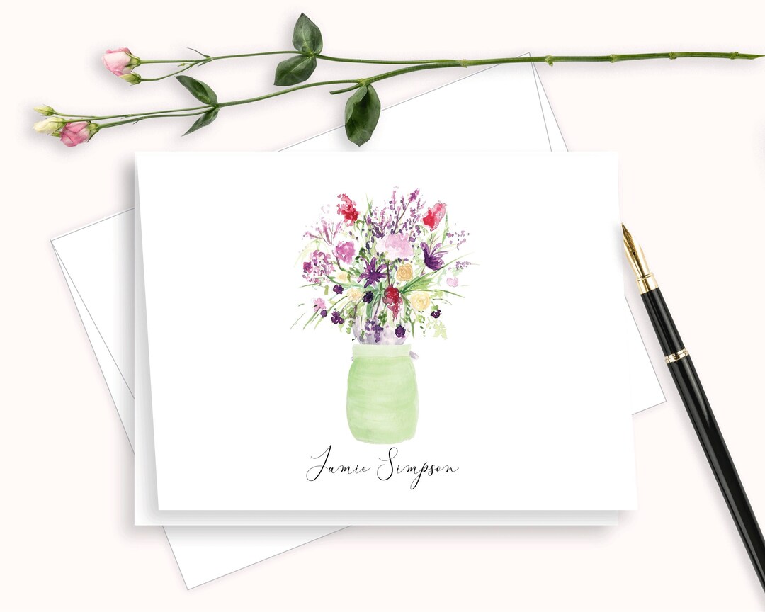 Wildflowers Floral Personalized Stationary, Elegant Script Note Cards ...