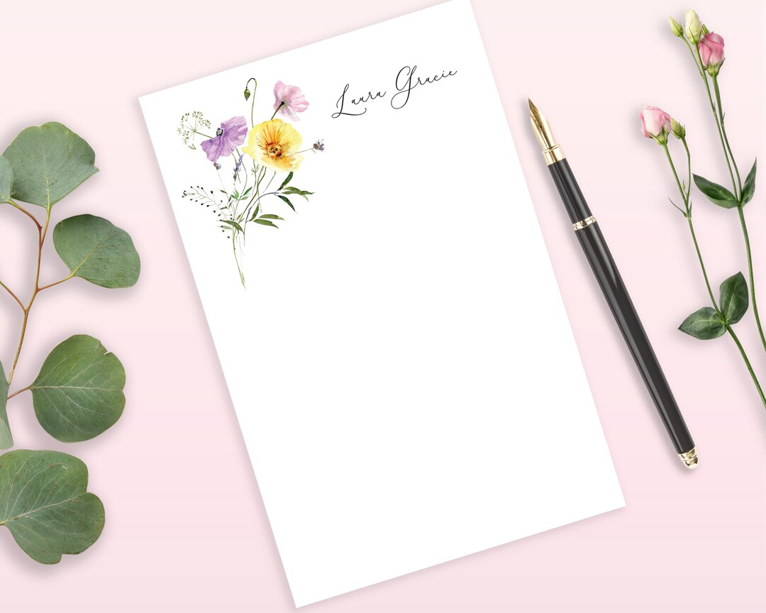 Personalized Summer Poppy Notepad, Watercolor Floral Stationery ...