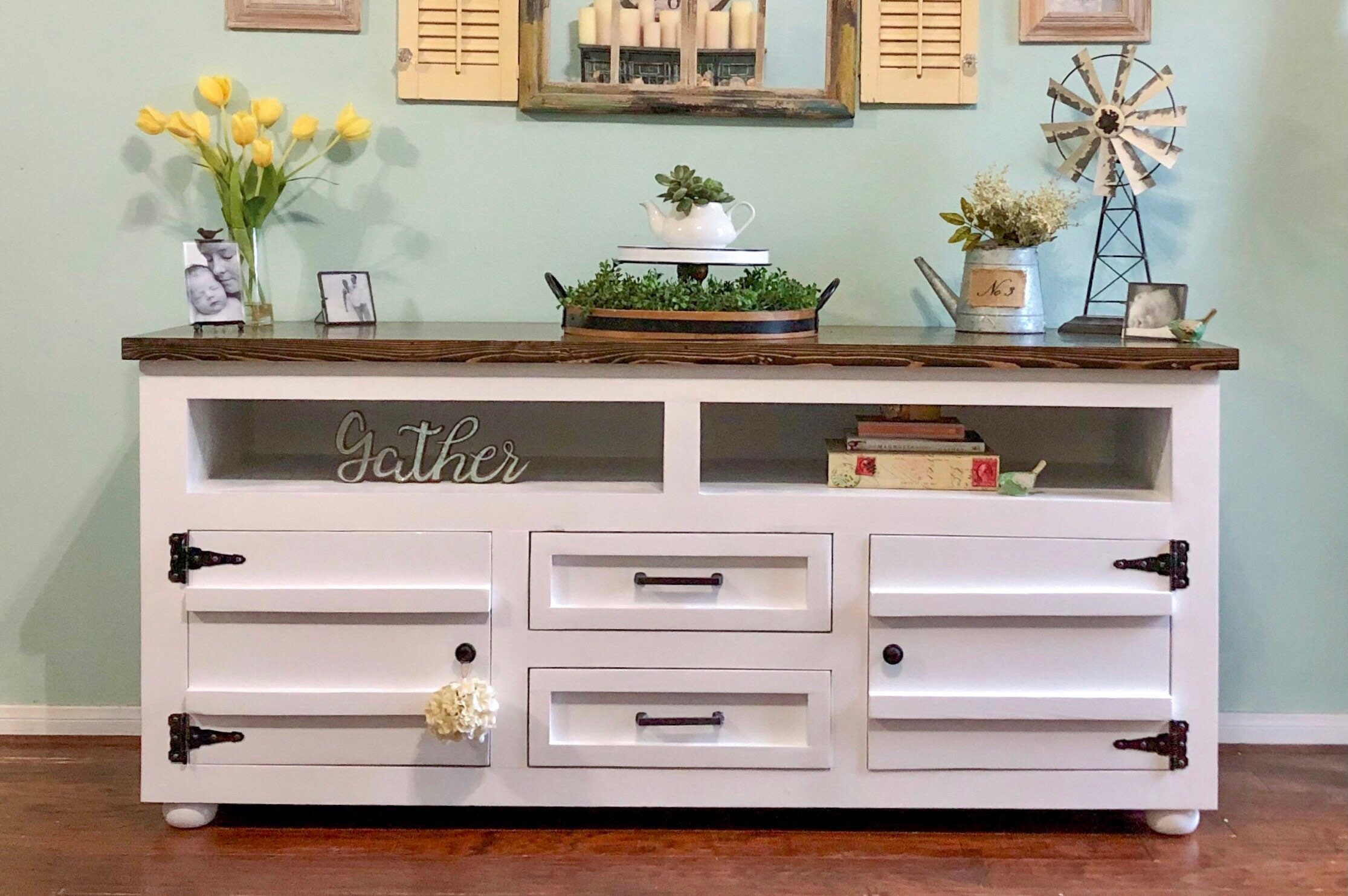 Farmhouse Console With Drawers and Open Shelving - Etsy