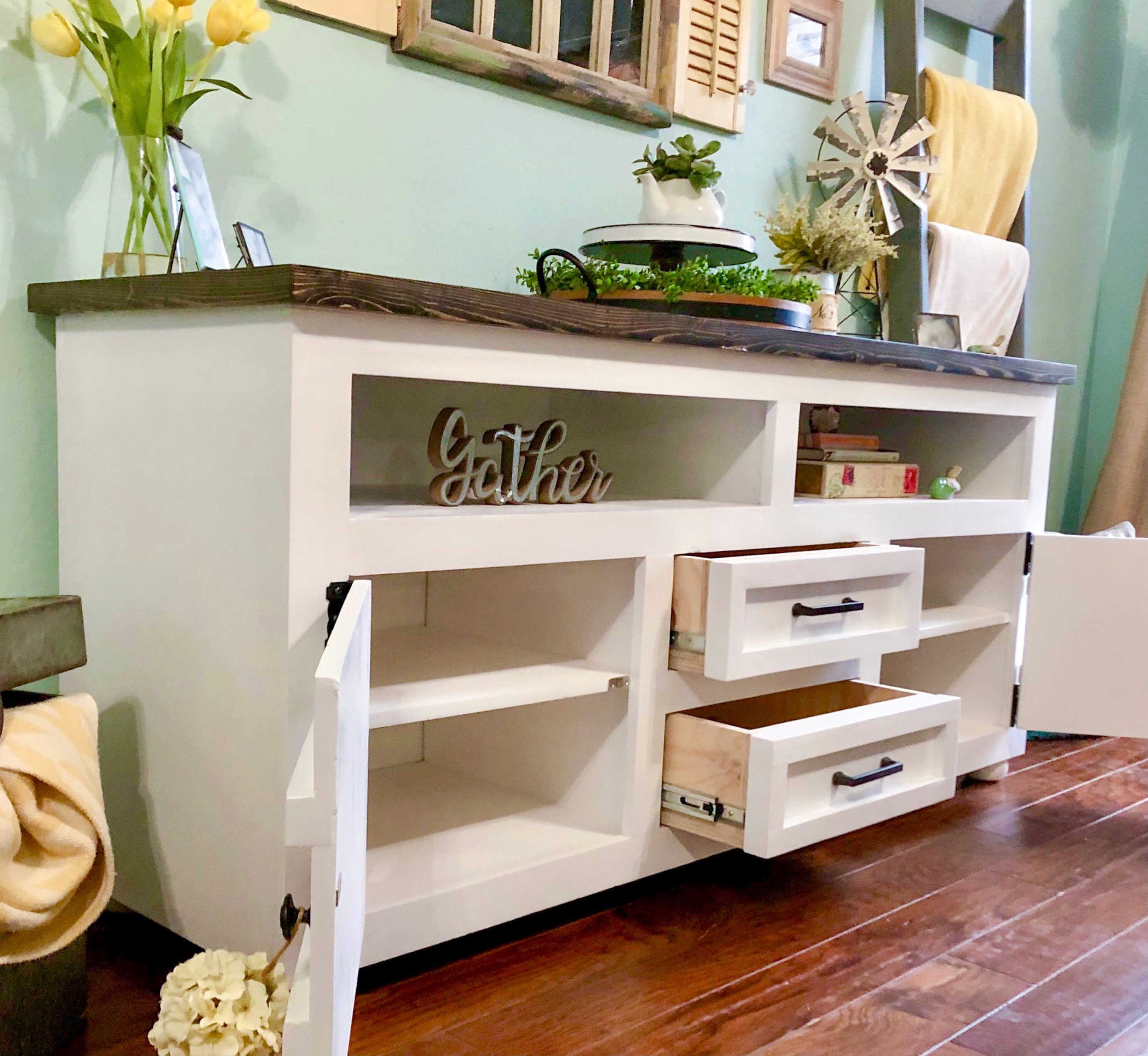 Farmhouse Console With Drawers and Open Shelving - Etsy