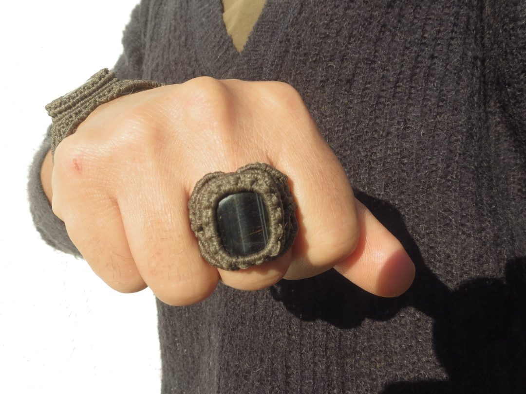 Hawk Eye Stone in Bohemian Macrame Ring, Talisman Ring for Man or Woman ...
