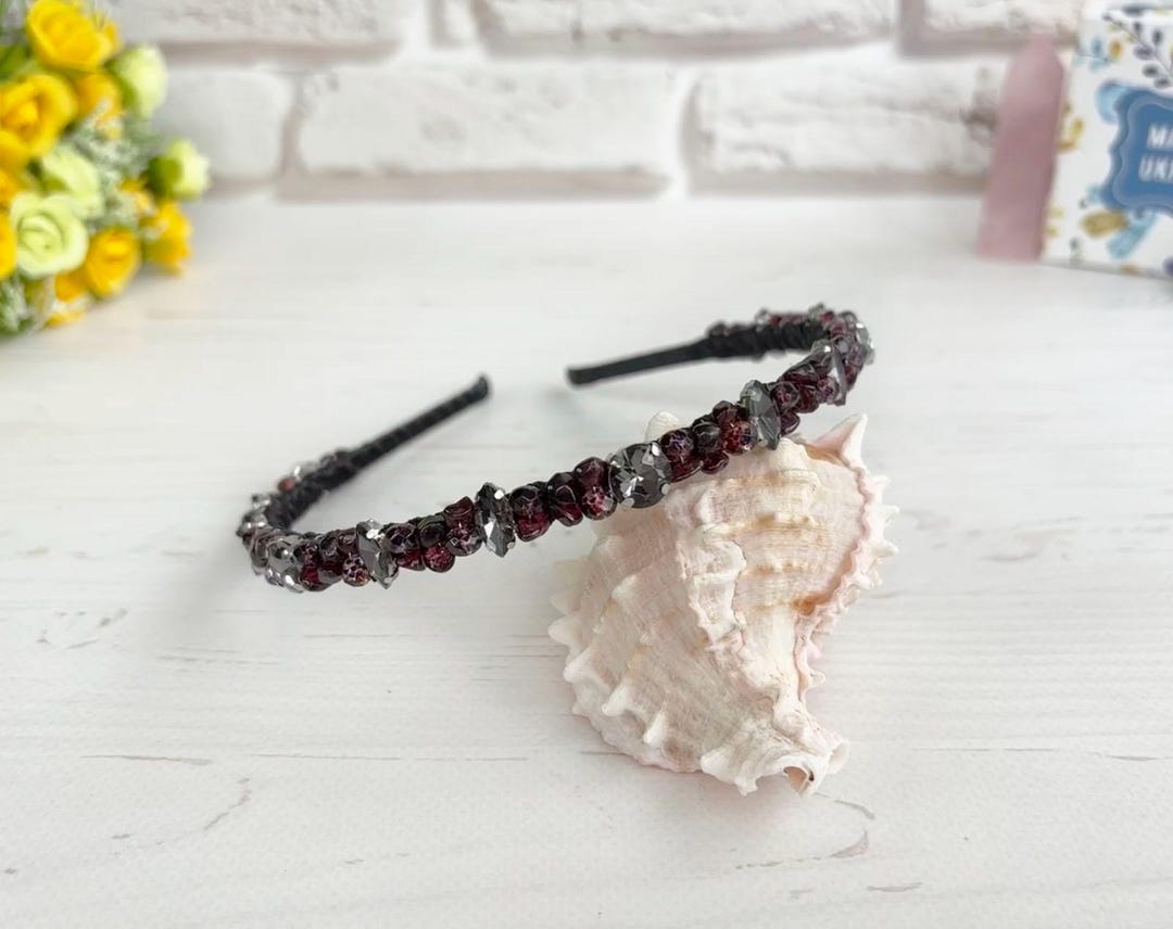 Burgundy Black Gemstones Headband Garnet Crystal Headpiece Maroon Stone ...