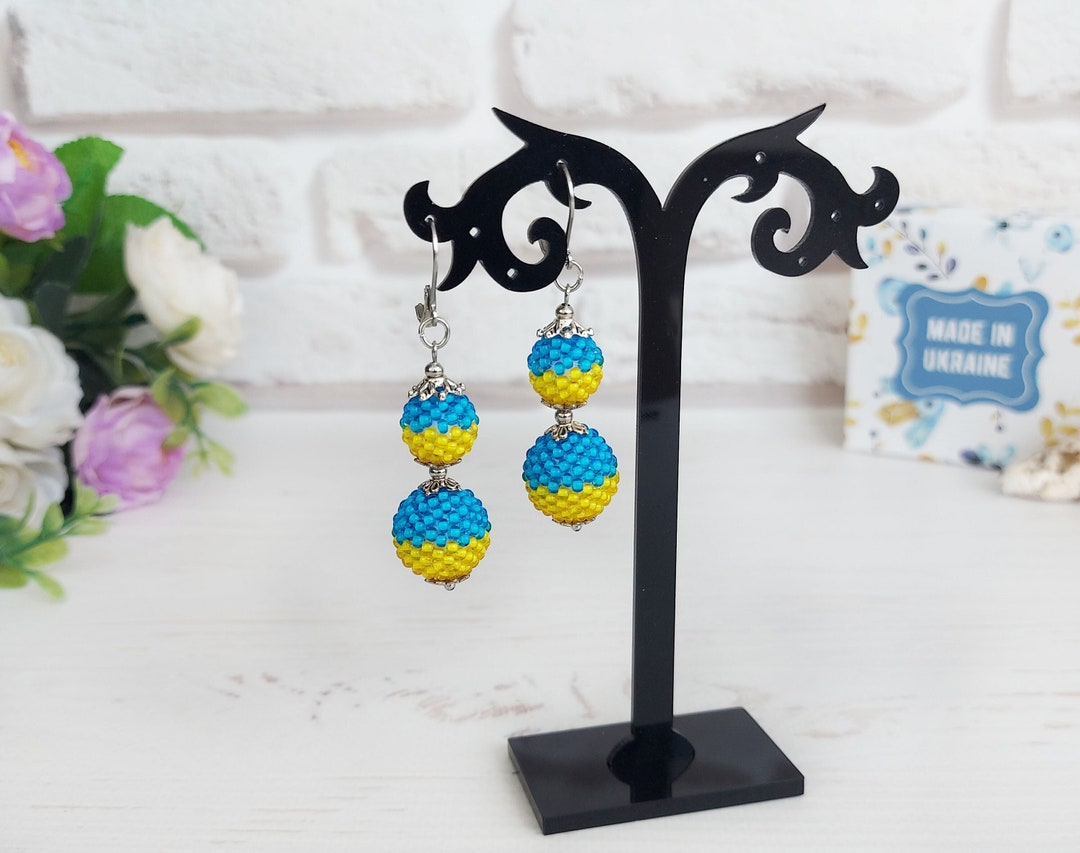 Ukrainian Ethnic Earrings, Yellow Blue Dangle Drop Earrings, Two Balls ...