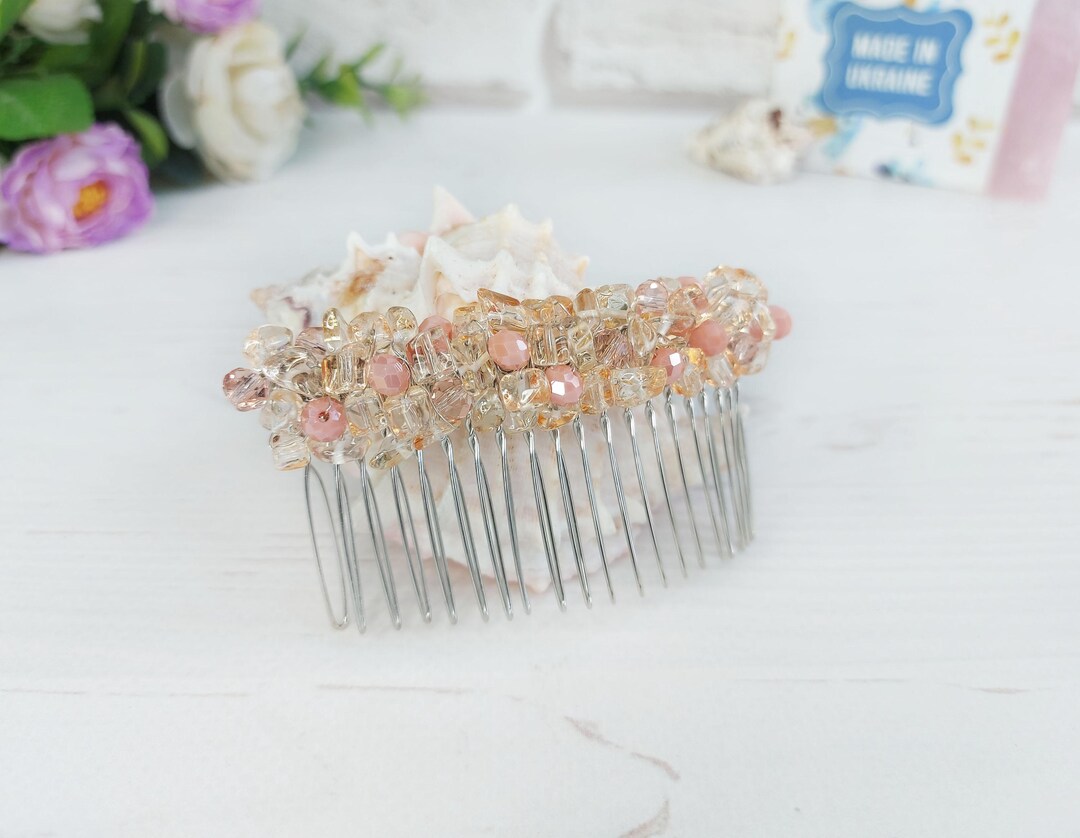 Golden Quartz Crystals Hair Comb Wedding, Beige Beaded Luxury Hair Clip ...