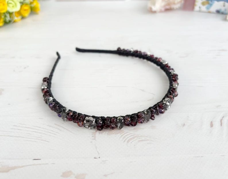 Burgundy Black Gemstones Headband Garnet Crystal Headpiece Maroon Stone ...