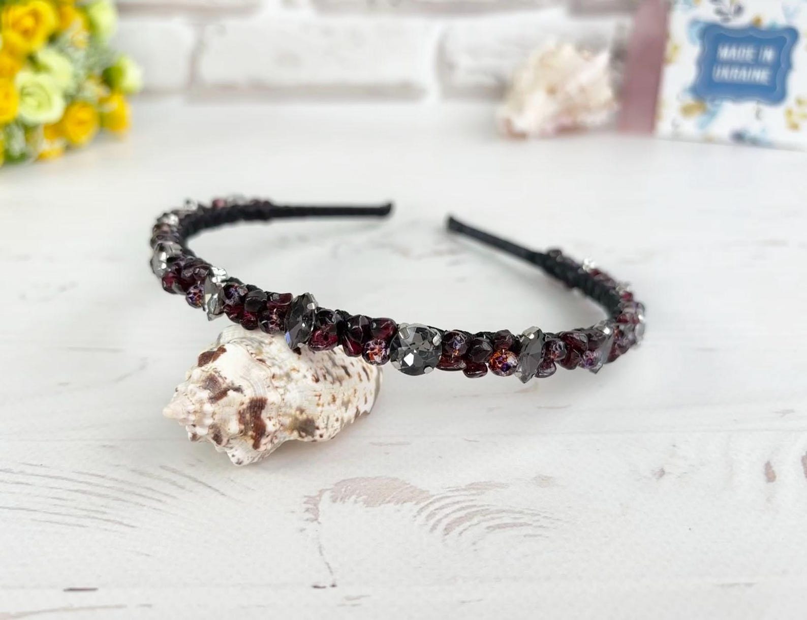 Burgundy Black Gemstones Headband Garnet Crystal Headpiece Maroon Stone ...