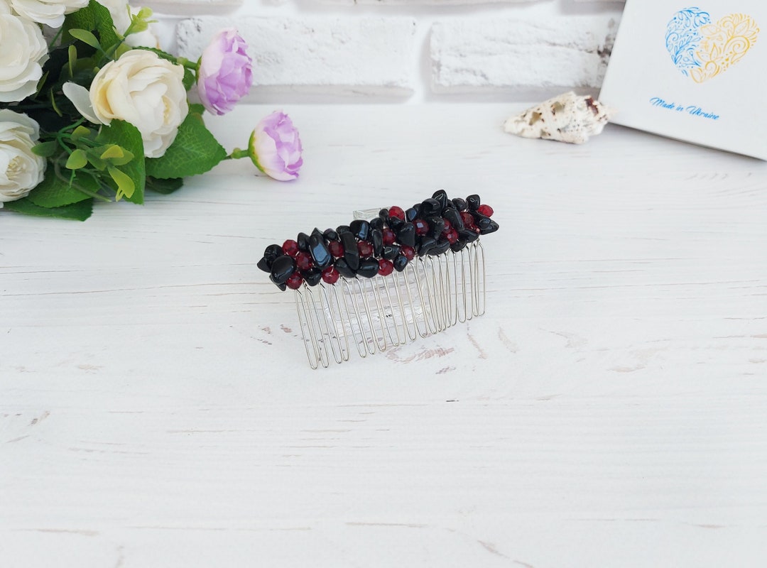 Black Burgundy Bead Hair Comb Gothic Black Wedding Crystals Hair Clip ...