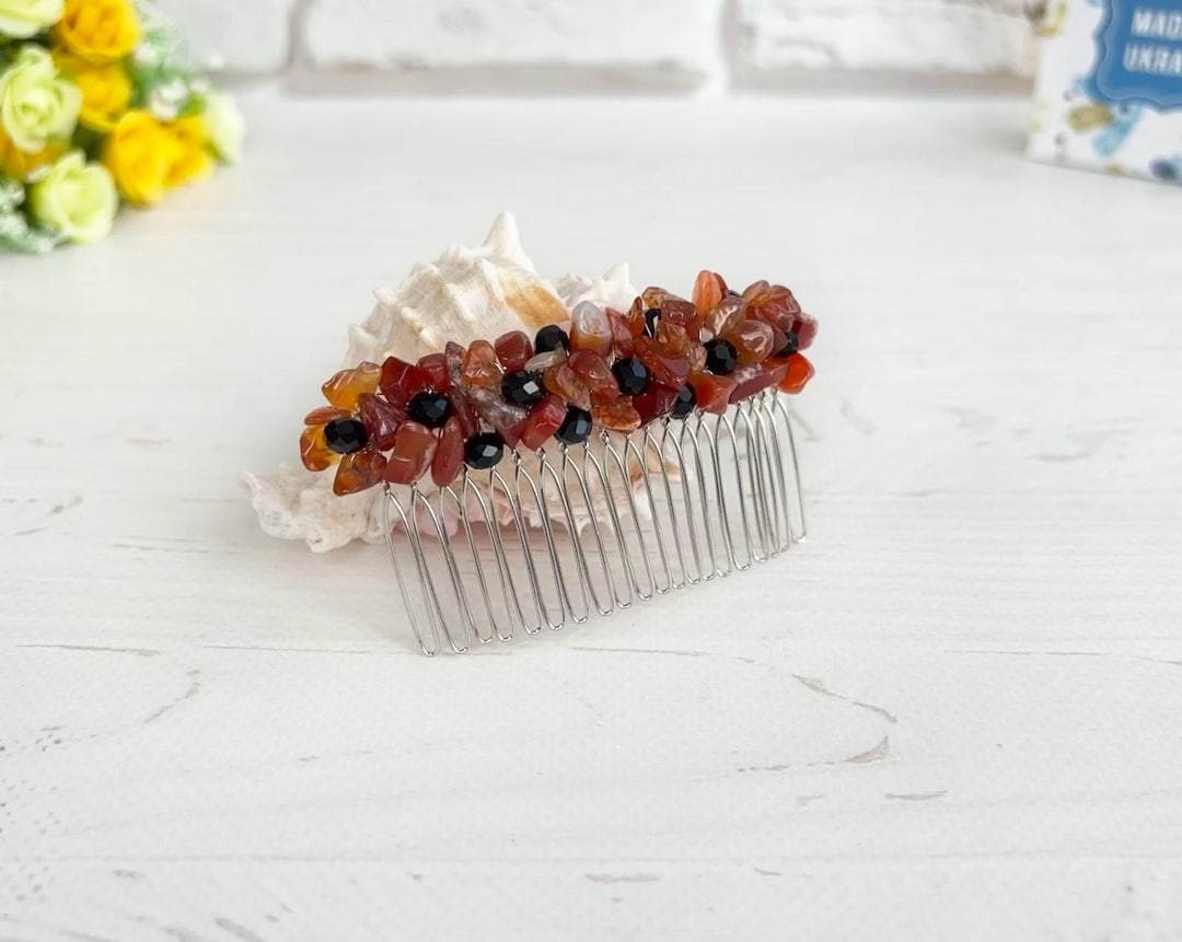 Orange Black Stones Hair Comb Carnelian Hair Piece Bling Crystals Hair ...