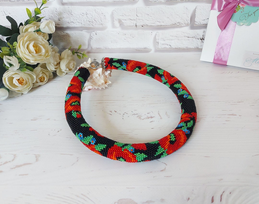 Red Floral Beadwork Necklace, Ukraine Ethnic Jewelry Women, Seed Bead ...