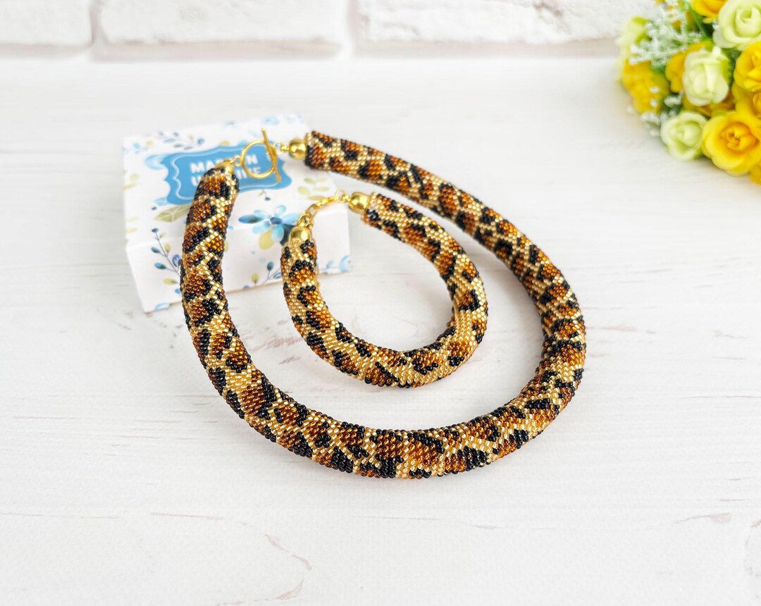 Leopard Seed Beaded Crochet Necklace & Bracelet Set, Leopard Beading ...