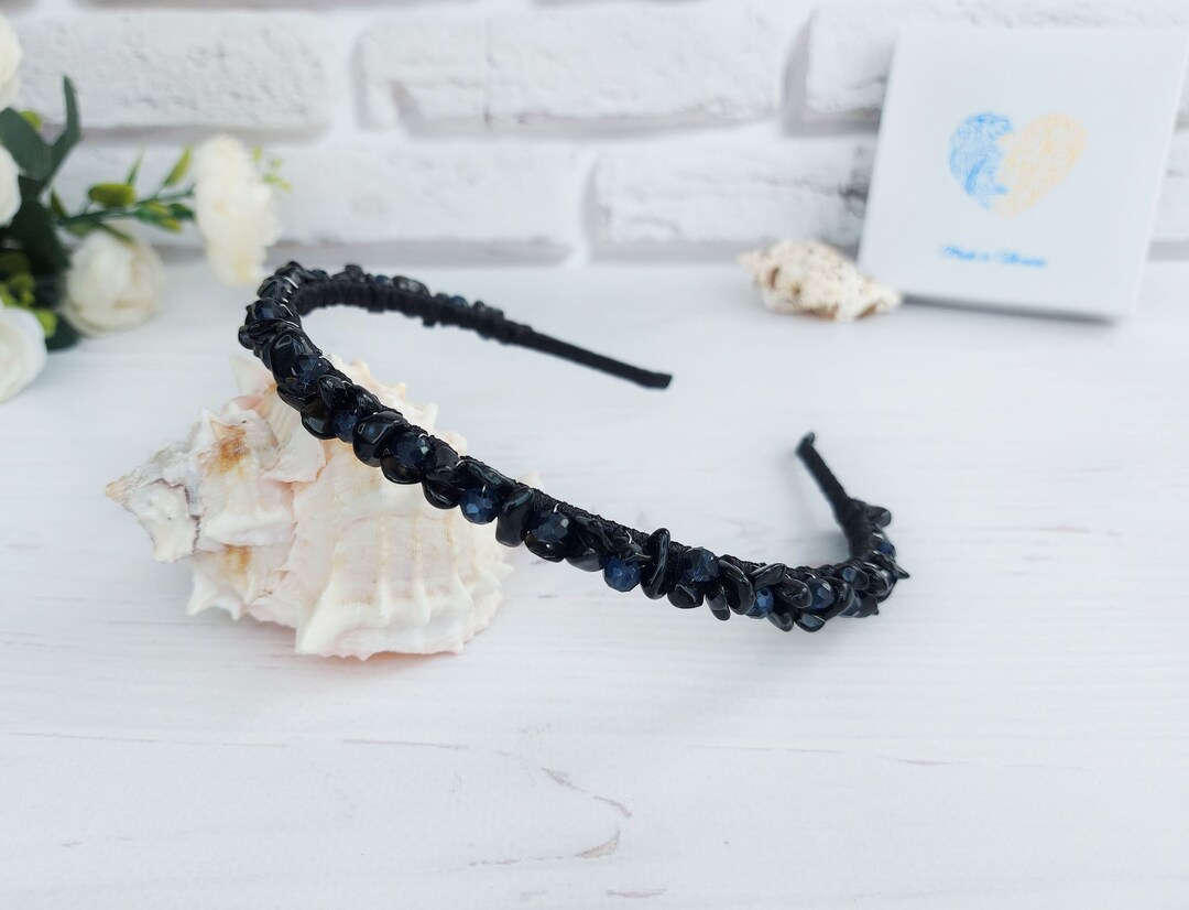 Total Black Beaded Headband Crown Black Agate Gemstone Hair Piece ...