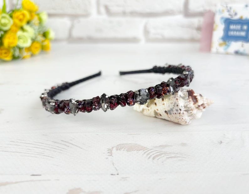 Burgundy Black Gemstones Headband Garnet Crystal Headpiece Maroon Stone ...