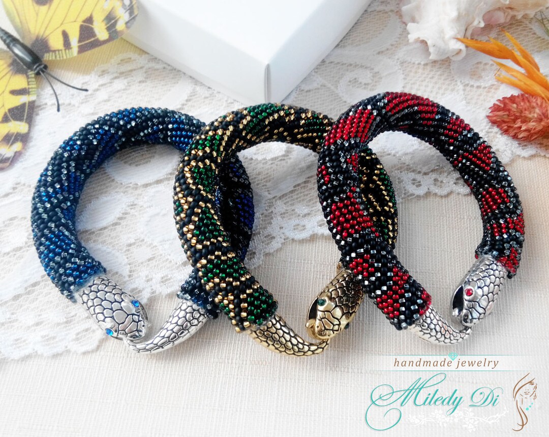 Snake Seed Bead Crochet Bracelet, Gothic Beading Bracelet Women, Serpent Beaded Bracelet, Red ...