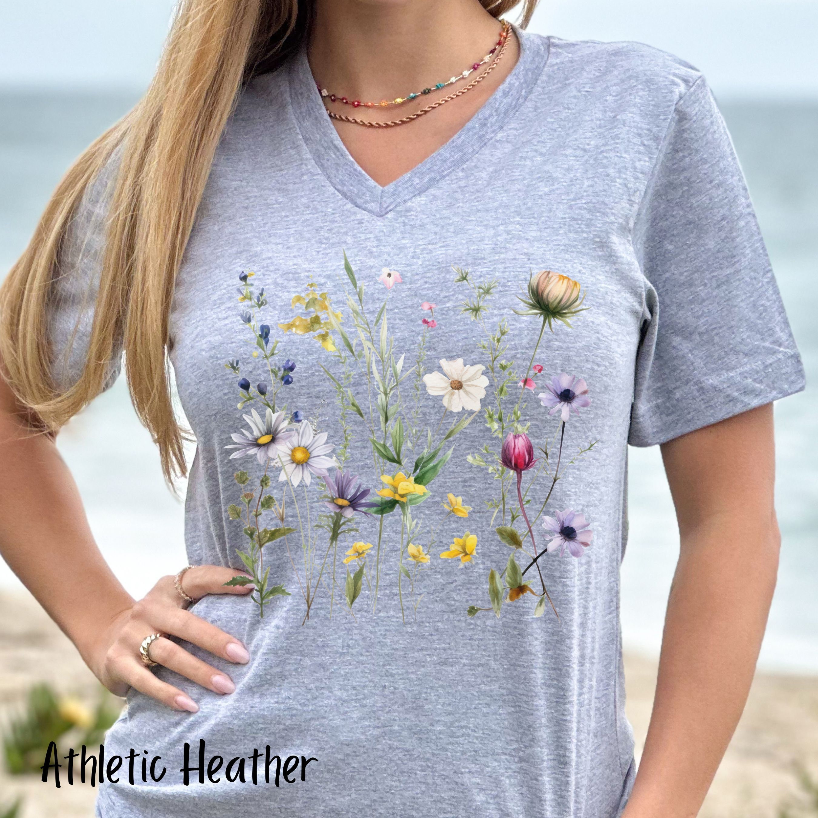 Wildflowers Cottagecore V-neck Tee, Boho Wildflowers T-shirt, Dainty ...