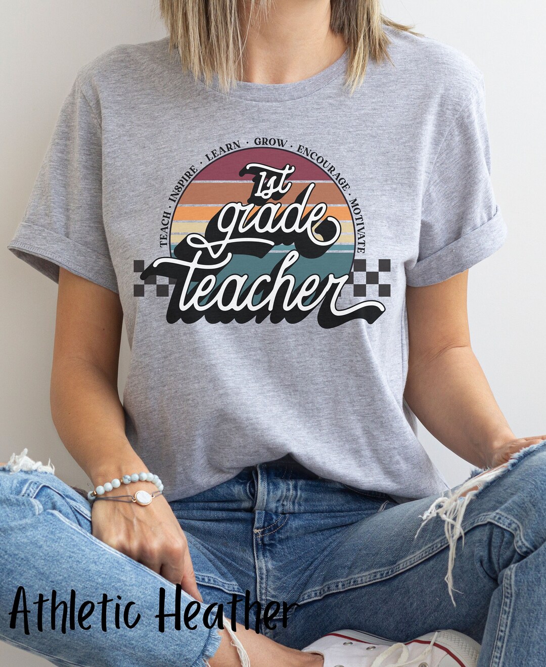 Grade One Teacher Tee, First Grade Teacher Retro Sunset T-shirt, First ...