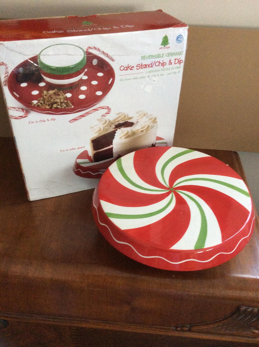 Red Peppermint Swirl Footed Cake Stand Plate Pedestal Chip & Dip Bowl ...