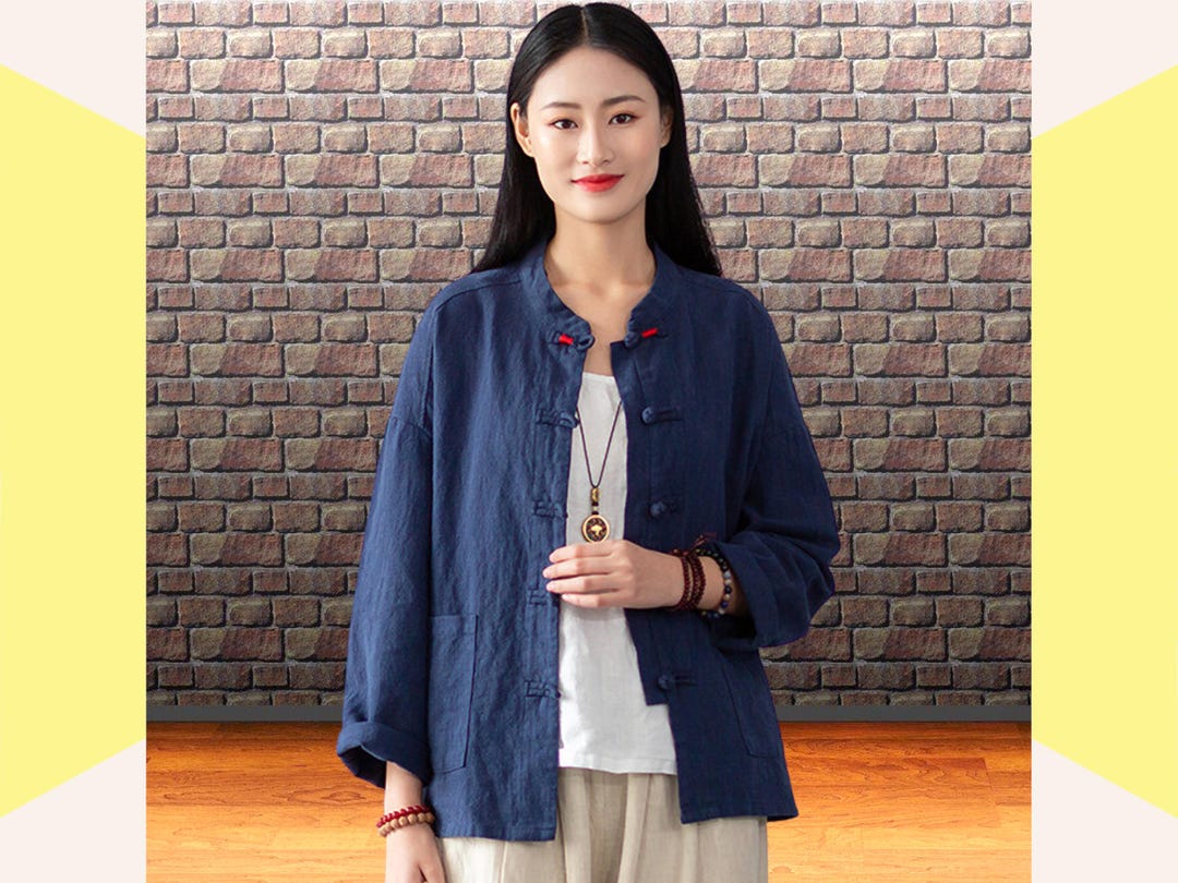 Dark-blue Linen Frog Button Jacket, Mandarin Collar Minimalist Zen Top ...