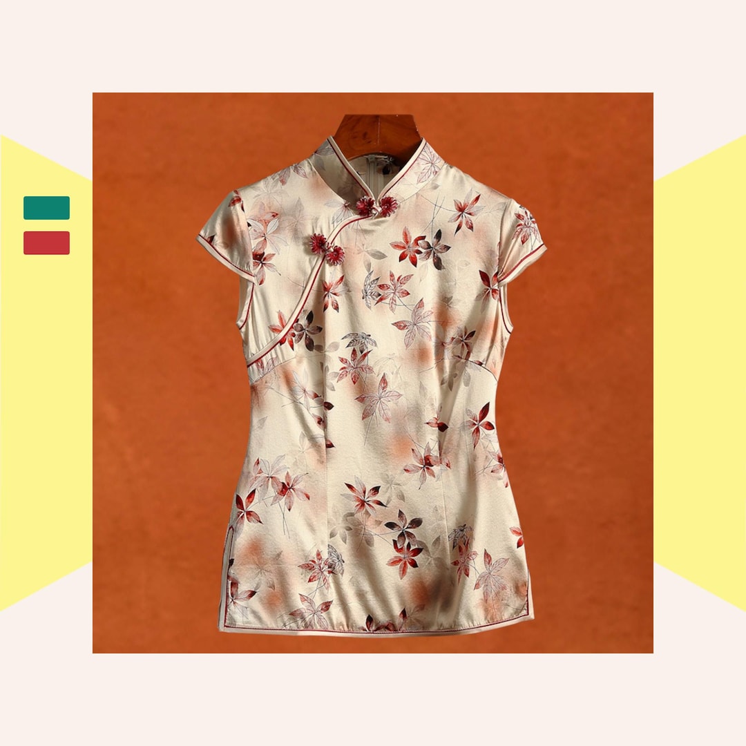 Sleeveless Silk Qipao Top for Women, Spring, Summer, Maple Leaves ...