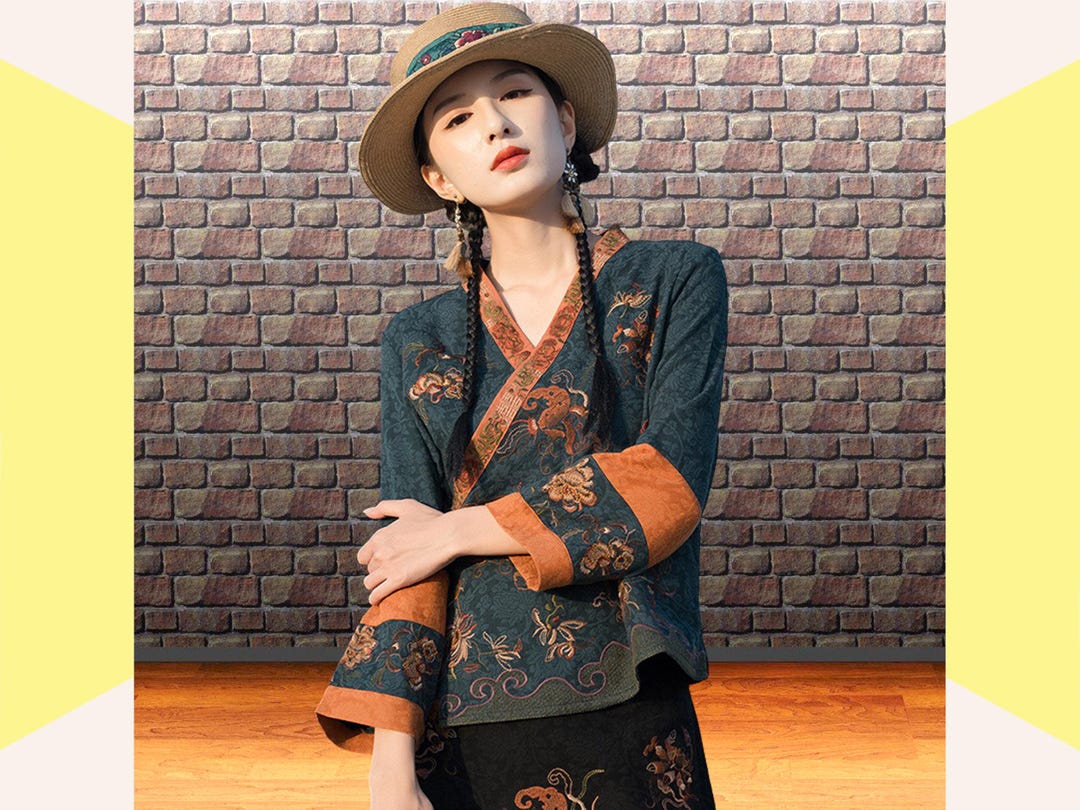 Vintage-inspired Teal Jacquard Wrap Blouse, Traditional Hanfu-style ...