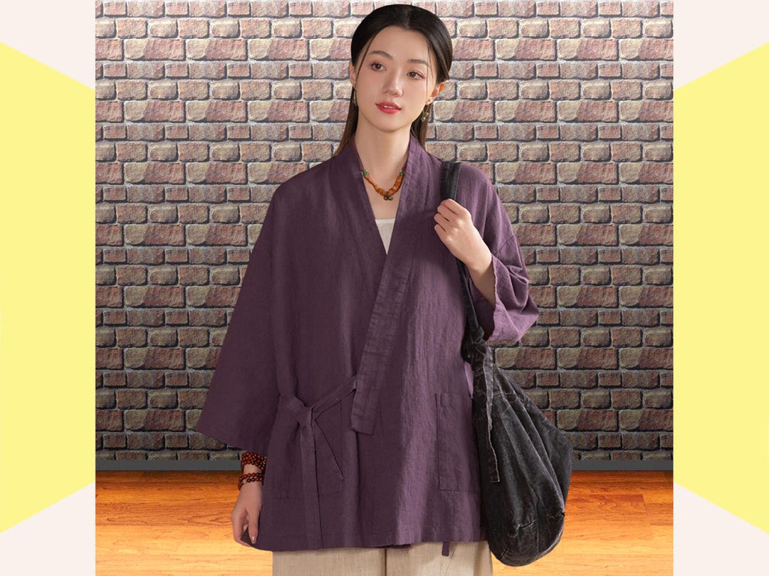 Linen Zen Wrap Top, Purple Kimono Jacket, Samue Hanfu Style, Relaxed ...