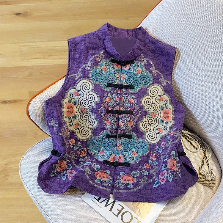 Mandarin Collar Ethnic Vest for Women, Spring Linen Embroidered Casual ...