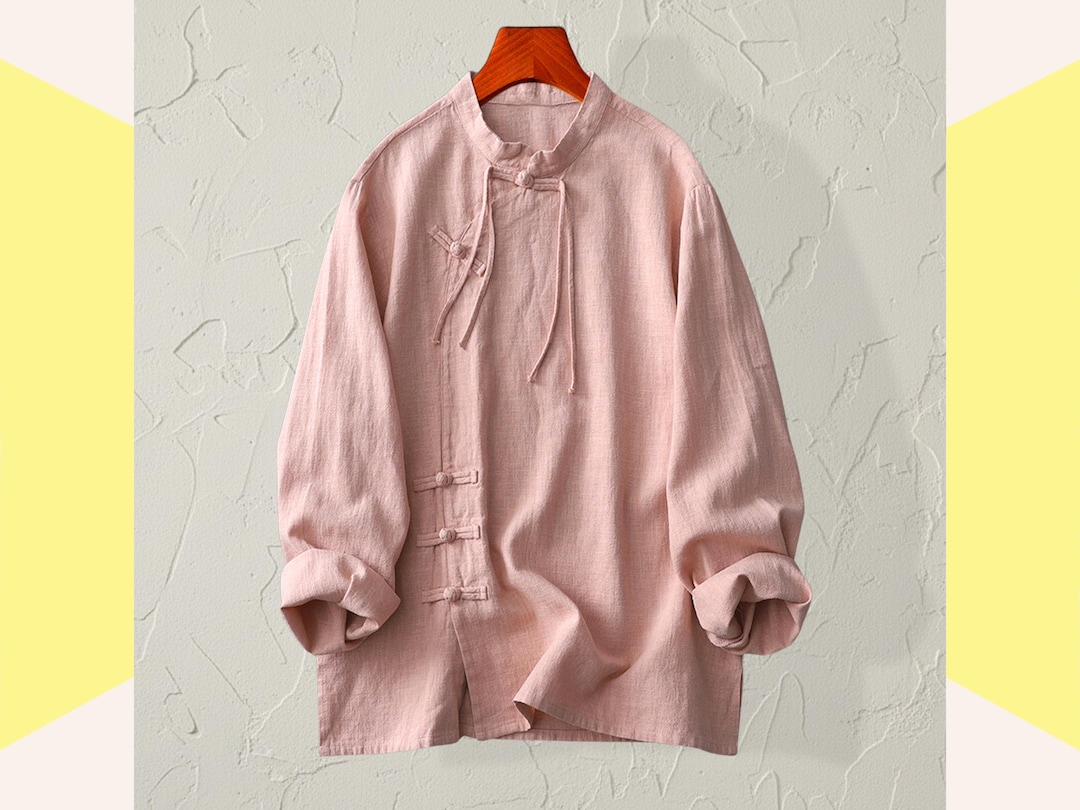 Pink Cotton Tunic Blouse, Mandarin Collar Asymmetrical Front Vintage ...