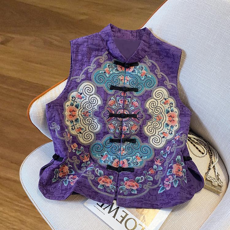 Mandarin Collar Ethnic Vest for Women, Floral Embroidery, Frog Closure ...
