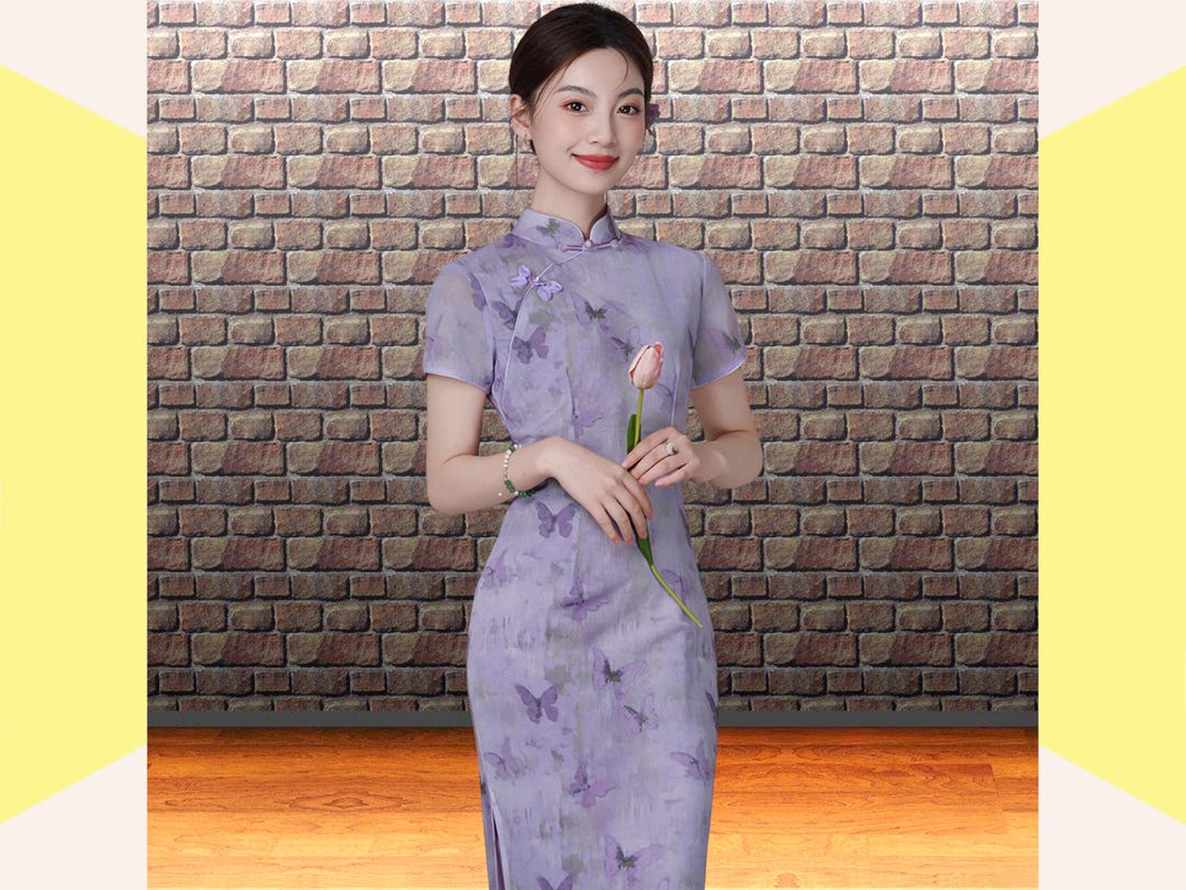 Lavender Butterfly Cheongsam Dress: Chinese Sheer Modern Qipao Gown (S ...