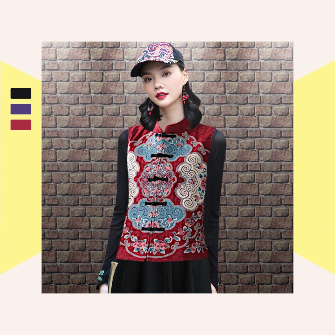 Mandarin Collar Ethnic Vest for Women, Floral Embroidery, Frog Closure ...