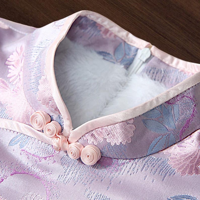 Lavender Brocade Winter Qipao, Pink Fur Trim Cheongsam, Padded Fleece ...