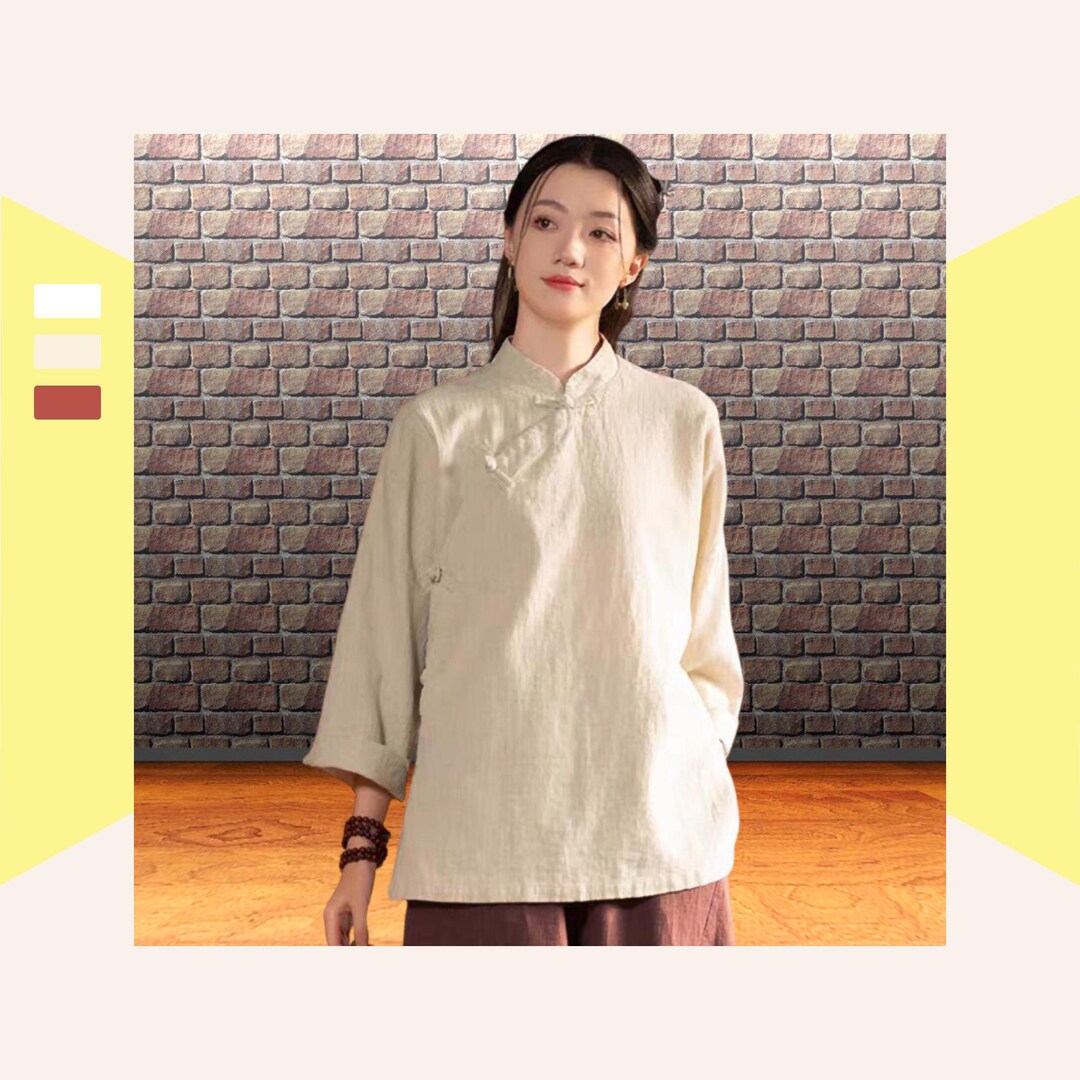 Traditional Chinese Style Blouse Top With Mandarin Collar, Long Sleeves ...