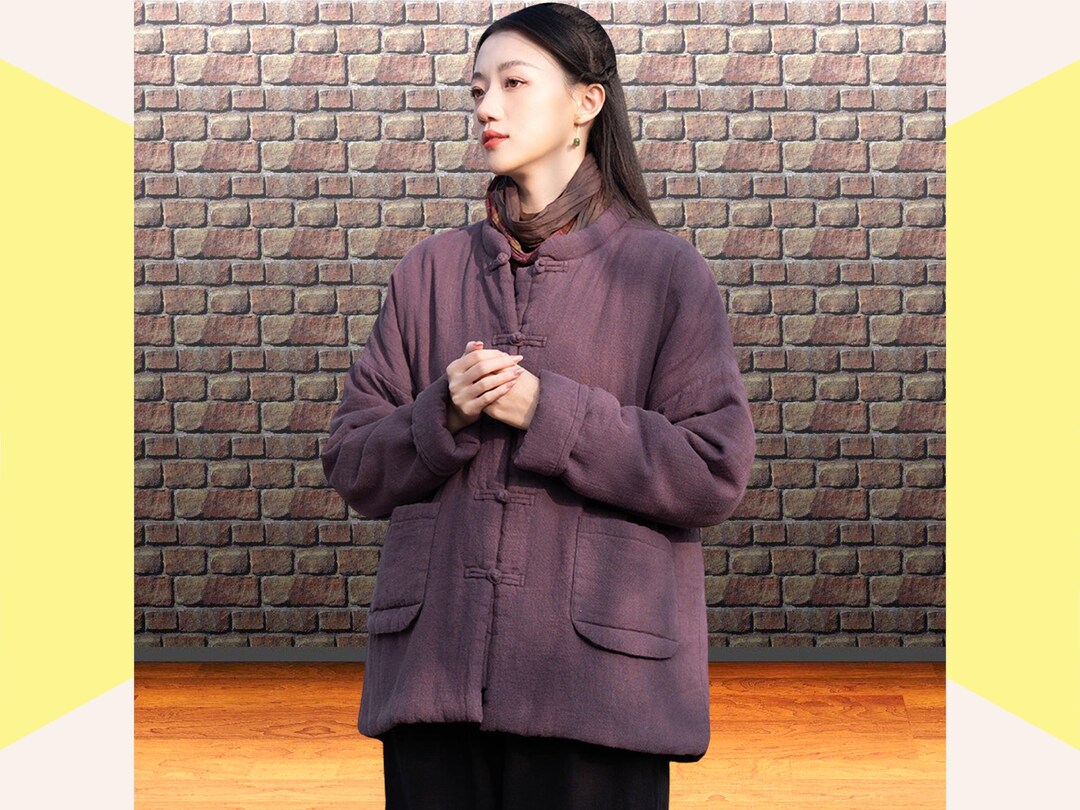 Quilted Cotton Zen Jacket: Deep Plum Mandarin Collar Outerwear, Patch ...