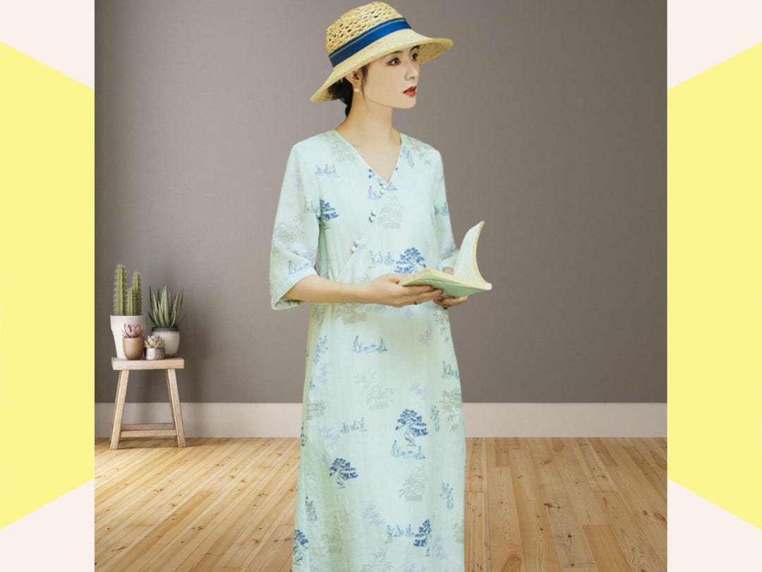Ramie Linen Summer Midi Dress: Blue Abstract Print, Relaxed Fit ...