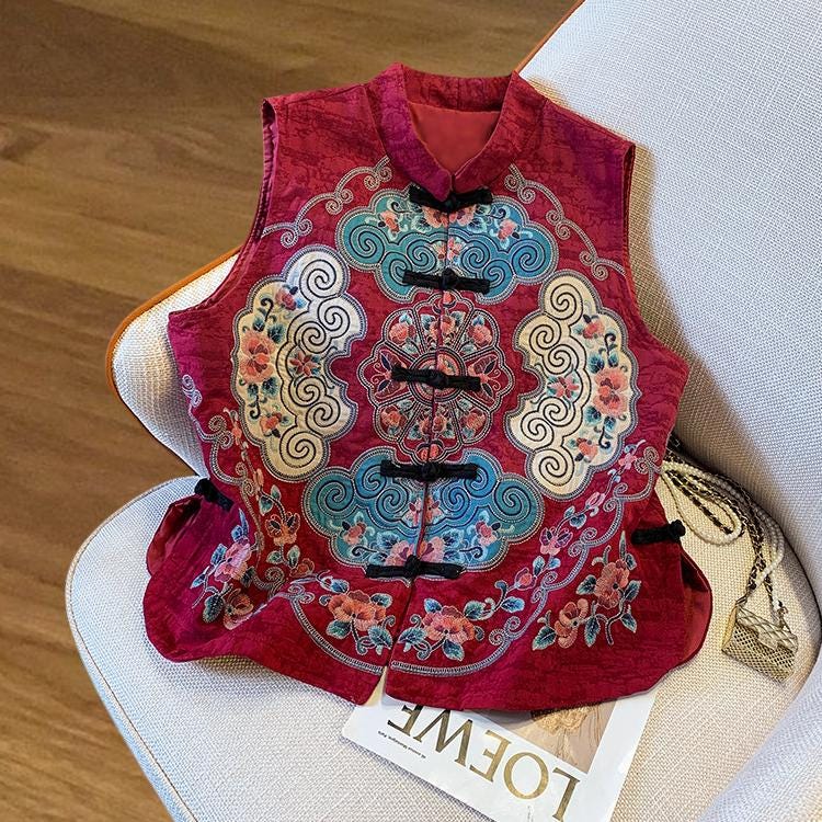 Mandarin Collar Ethnic Vest for Women, Floral Embroidery, Frog Closure ...