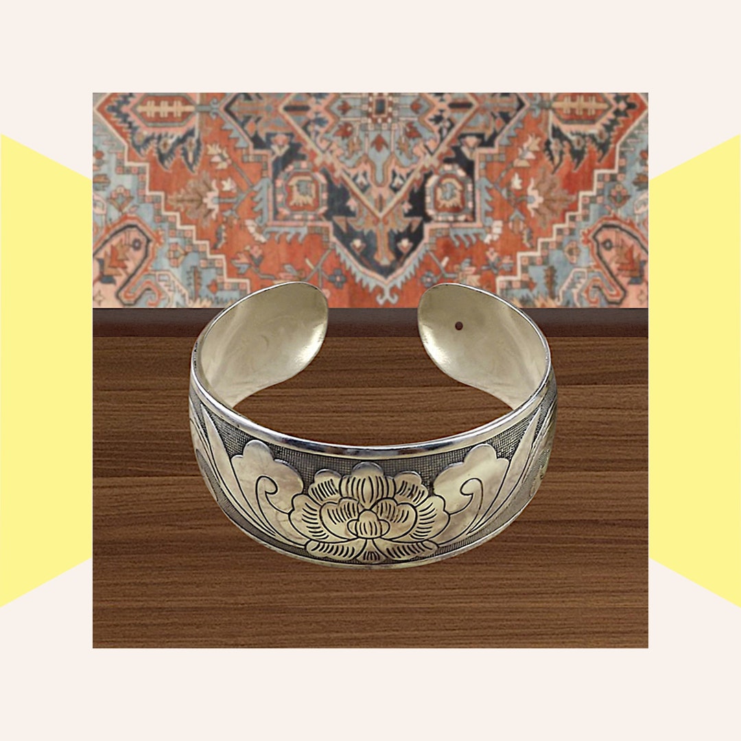 Bold Peony Silver Boho Women Bracelet, Timeless, Ethnic, Wide, Open ...