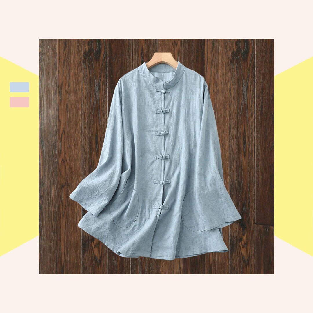 Light Blue Chinese Style Casual Tunic, Mandarin Collar Top, Traditional ...