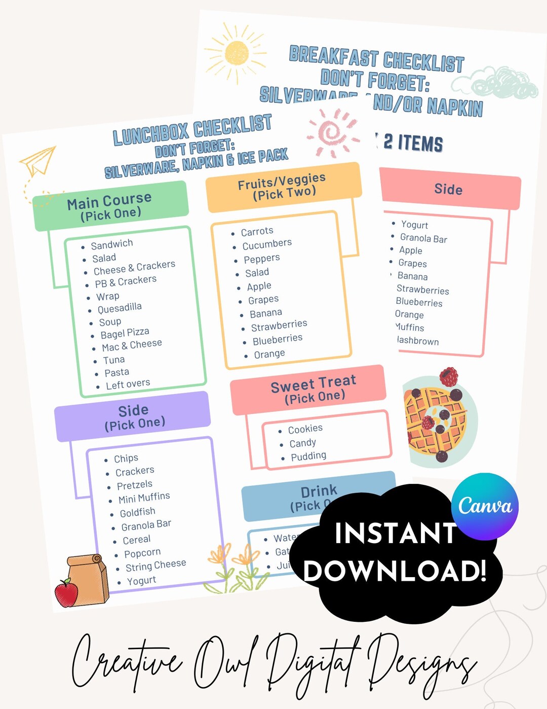 Lunchbox and Breakfast Check List - Editable/custom - Canva Download - Etsy
