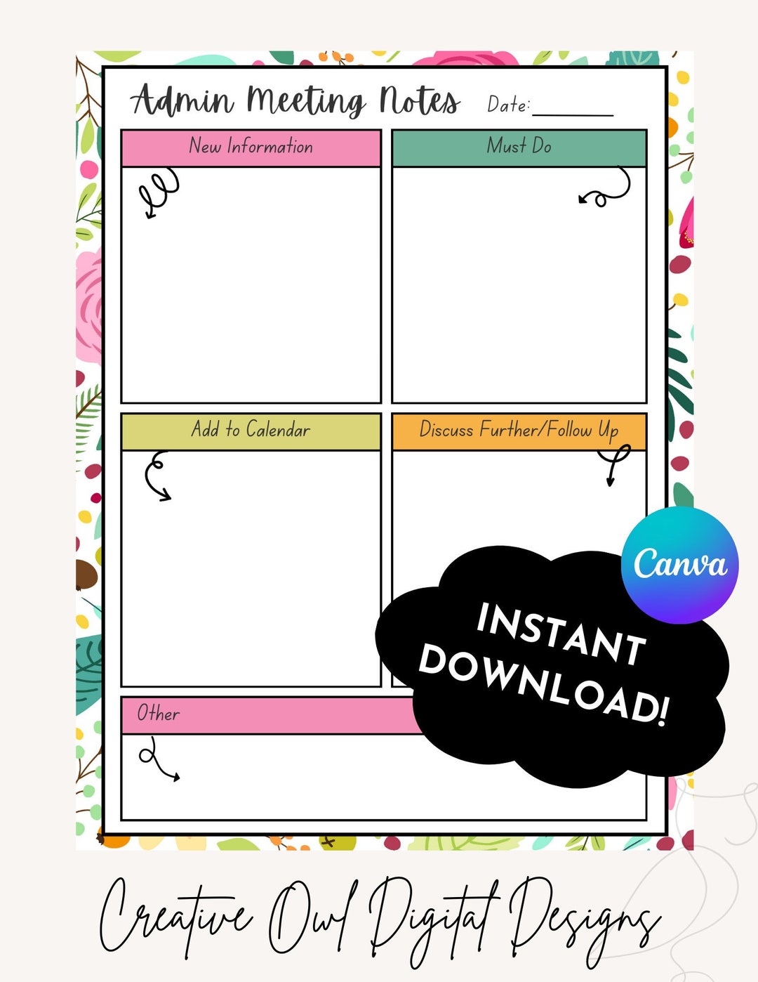 Floral Meeting Notes Template - Editable/custom - Canva Download - Etsy