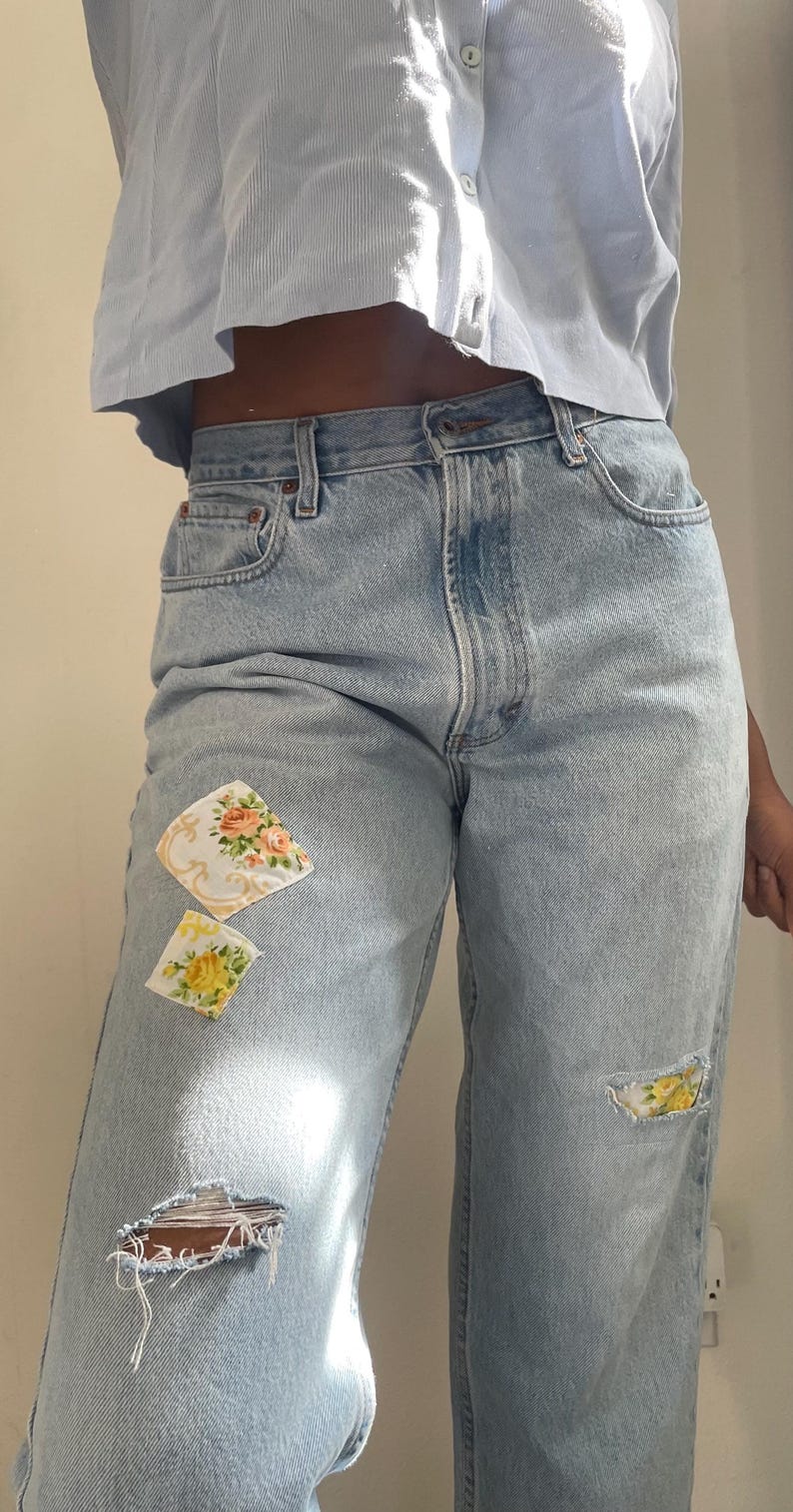 Light Wash Jeans - Patchwork - Cottage Core - Floral - Vintage Denim ...